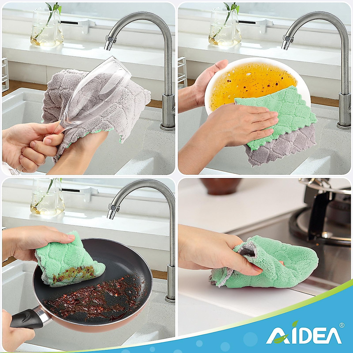 AIDEA Kitchen Dish Cloth - 12 Pack, Super Absorbent Coral Fleece Dish Cloths, No Odor Reusable Dish Cloth, Premium Microfiber Cleaning Cloths, Nonstick Oil Washable Fast Drying 6.3" x10.4"