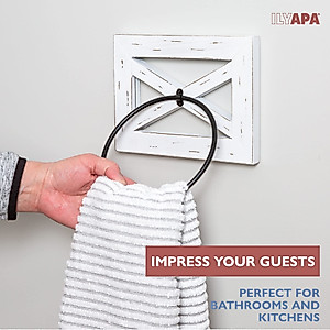 Ilyapa Rustic Hand Towel Ring for Bathroom- Wall Mounted Bathroom Hand Towel Holder - White Wood & Black Metal Ring, Farmhouse Decor