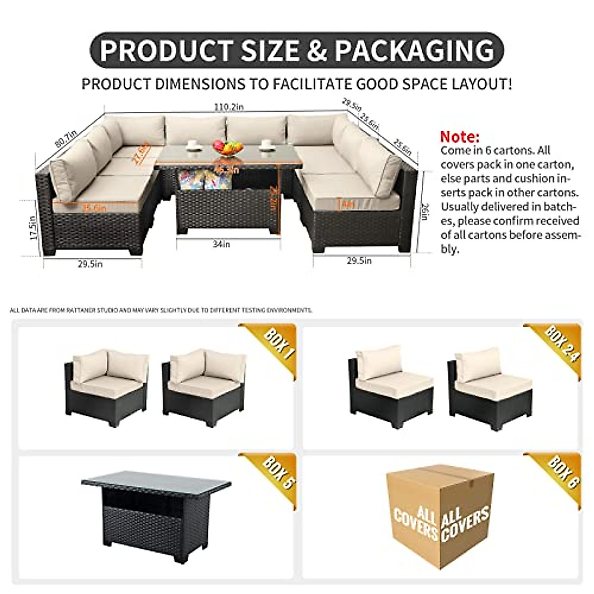 9 Pieces Outdoor Wicker Sectional Couch Patio Furniture Conversation Sofa Set with Khaki Non-Slip Cushions Furniture Cover Black PE Rattan