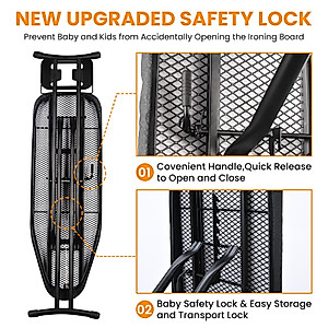 Ironing Board Full-Size,Bumkimue Iron Board with 3 Layered Cover Pad, Height Adjustable up to 36 in, 4 Steel Legs, Easy Storage with Smart Hanger and Lightweight Design(43x14 Inch).