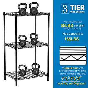 FUYVA 3-Tier Black Metal Shelving Unit with Wire Storage, 3 Shelf Liners, and Hooks, Wire Rack Height Adjustable Shelves for Kitchen, Bathroom, Pantry, Closet, and Bedroom (15.7"L x 11.8"W x 31.5"H)