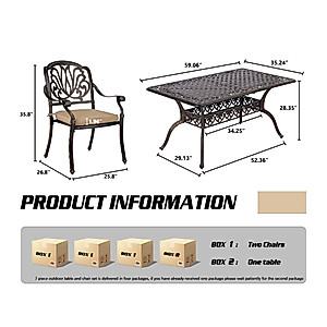 TITIMO Cast Aluminum Patio Dining Set 7-Piece with Cast-Top Rectangular Table and 6 Flower Chairs with Cushions,Outdoor Furniture Set for Backyard Porch Pool (Khaki)