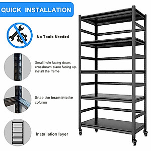 STELSIPLIY 5-Tier Metal Storage Shelves with Wheels, Heavy Duty Metal Shelving Unit, Rolling Kitchen Adjustable Shelves for Kitchen, Bathroom, Garage, Pantry, Easy Assembly, Black