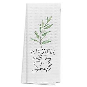 TUNW Christian Bible Verse It is Well with My Soul Inspirational Soft and Absorbent Kitchen Towels Dishcloth,Christian Hand Towels Dish Towels 16×24,Gifts for Christian Girls (Color-1) (White)