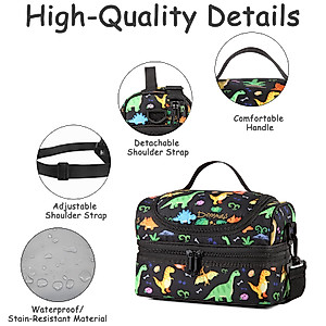 Kasqo Lunch Box Bag for Boys, Insulated Cooler Bag Kids Lunch Tote with Dual Compartments, Black Dinosaur
