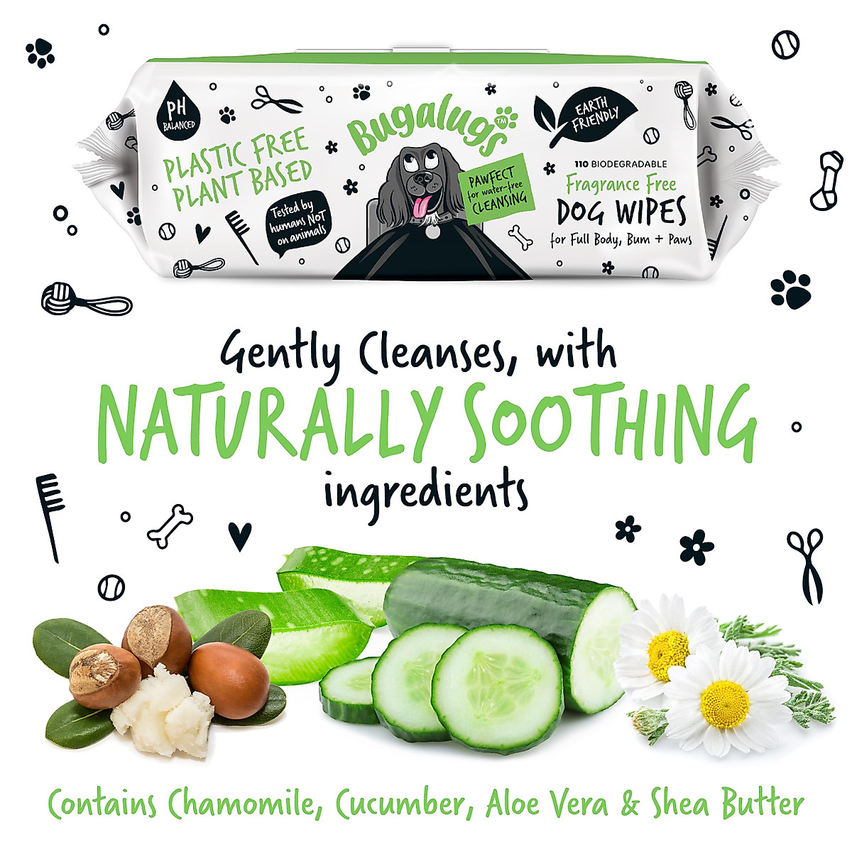 BUGALUGS Dog Wipes, 100% Plastic Free Biodegradable pet Wipes for Full Body, Eye Wipes, Ear Wipes, Bum & Paws. 110 Sensitive Dog Grooming Wipes for Dogs, Puppy & cat Grooming (Fragrance Free)