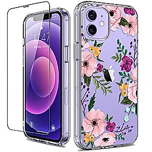 GiiKa for iPhone 12 Case, iPhone 12 Pro Case with Screen Protector, Clear Full Body Protective Floral Girls Women Shockproof Hard Case with TPU Bumper Cover Phone Case for iPhone 12, Small Flowers