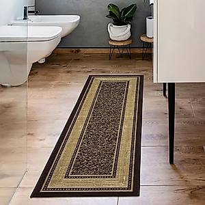 Ottomanson Machine Washable Bordered Design Non-Slip Rubberback 2x5 Traditional Runner Rug for Hallway, Kitchen, Bedroom, Entryway, 20" x 59", Brown