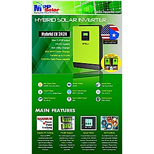 MPP Solar Hybrid or Off-Grid 2400w Pure Sine Wave Power Inverter with mppt Solar Charger 80A DC 24V AC Output 110V 120V with 60A Utility Charger 50HZ or 60HZ