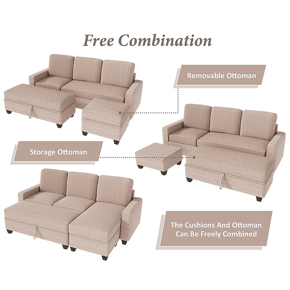 Ucloveria 81" Reversible Couch with Storage Chaise L-Shaped Apartment, Sectional Ottoman,Nailhead Textured Linen Fabric 3 Pieces Sofa Set,Warm Grey