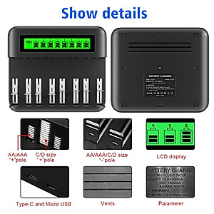 Rechargeable D Batteries with LCD Display Universal Battery Charger for AA/AAA/C/D 1.2V NI-MH NI-CD Rechargeable Battery（6 Pack ）