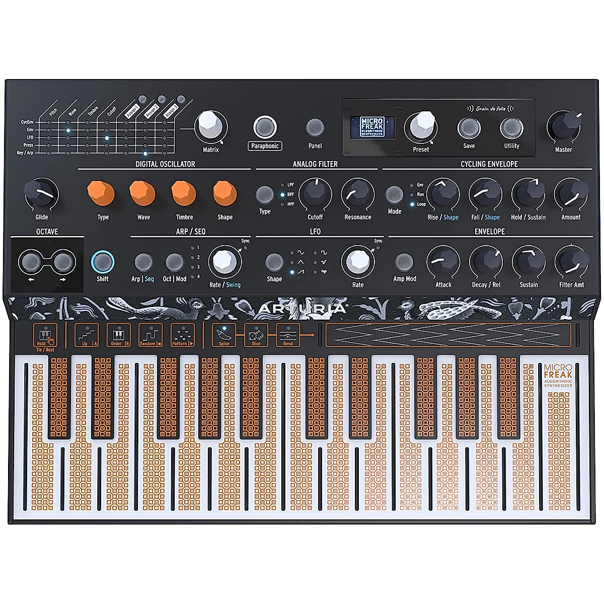 Arturia MICROFREAK Synthesizer with Poly-aftertouch Flat Keyboard BUNDLE with Samson Over Ear Headphones, Power Adapter & Instrument Polishing Cloth- Analog Synth, Synthesizer & workstation keyboards