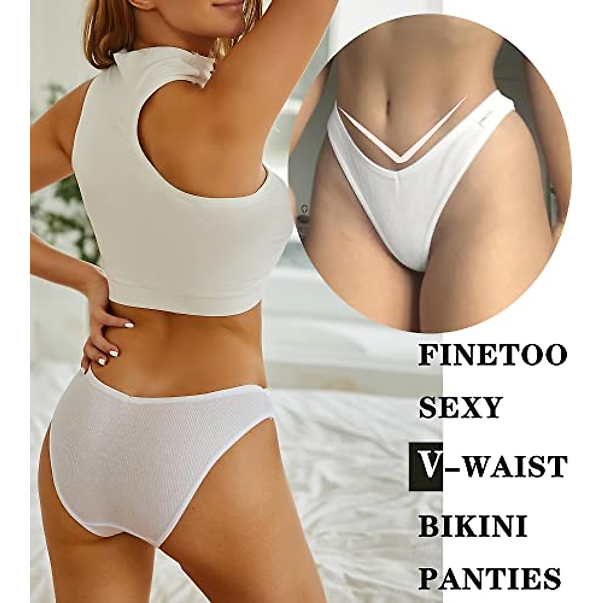 FINETOO 10 Pack Womens Underwear Cotton Cute Low Rise Bikini Rib Cheeky Panties Sexy V-shaped waistband Hipster S-XL