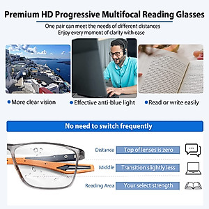 K.LAVER Photochromic Progressive Multifocus Reading Glasses Men Women Workspace Blue Light Blocker No Line Multifocal Readers With Spring Hinge TR90 Frame UV400 Protection Transition Sunglasses 2.5