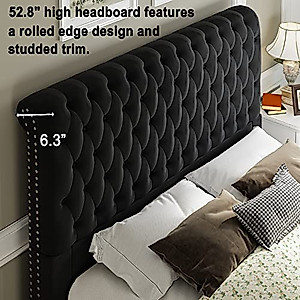 PaPaJet Bed Frame King Size Velvet Upholstered Sleigh Bed Platform with Deep Button Tufted Rolled Edge Headboard, Wood Slats Support/No Box Spring Needed/Black