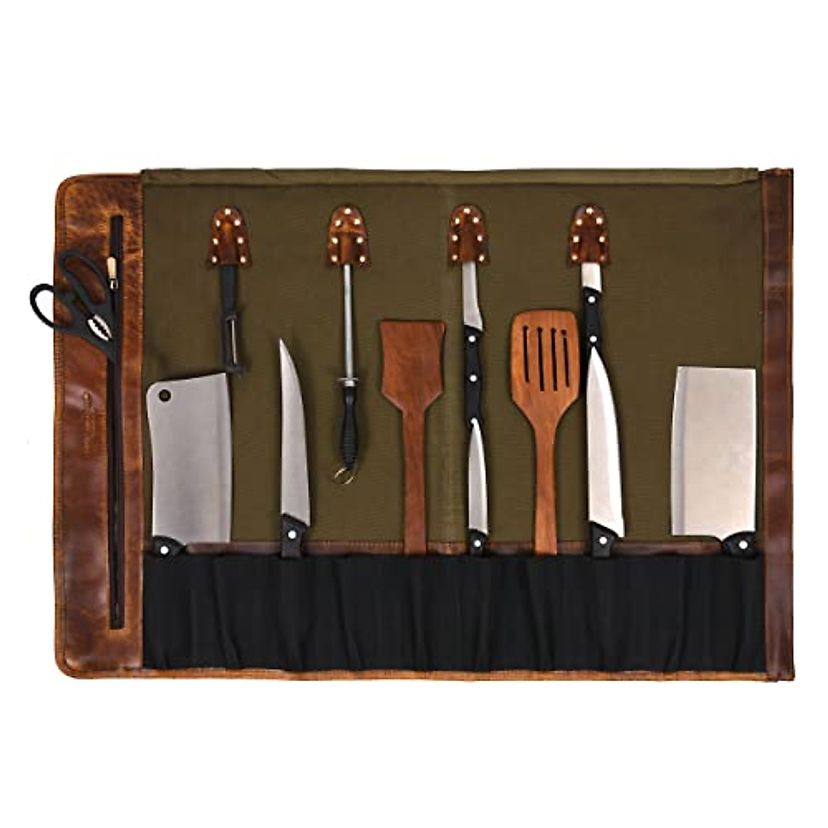Leather Canvas Knife Roll Storage Bag Expandable 10 Pockets Detachable Shoulder Strap Travel-Friendly Chef Knife Case Roll By Aaron Leather Goods (Louisville, Canvas Leather)