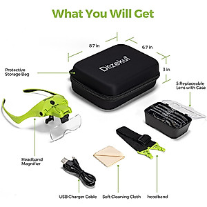 Dilzekui 1X to 3.5X Magnifying Glasses with Light, Rechargeable Magnifying Glass with Carry Case, Detachable 5 Lenses, Headband Magnifier Magnifying Headset for Close Work Jewelry Crafts Hobby