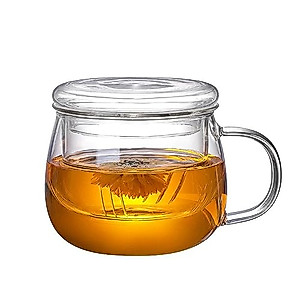 Hantran Tea Infuser Cups with Strainer and Lid, 13 ounce Heat Resistance Borosilicate Glass Teacups for Blooming Tea & Loose Leaf Tea, Microwave & Dishwasher Safe - For Tea Lovers