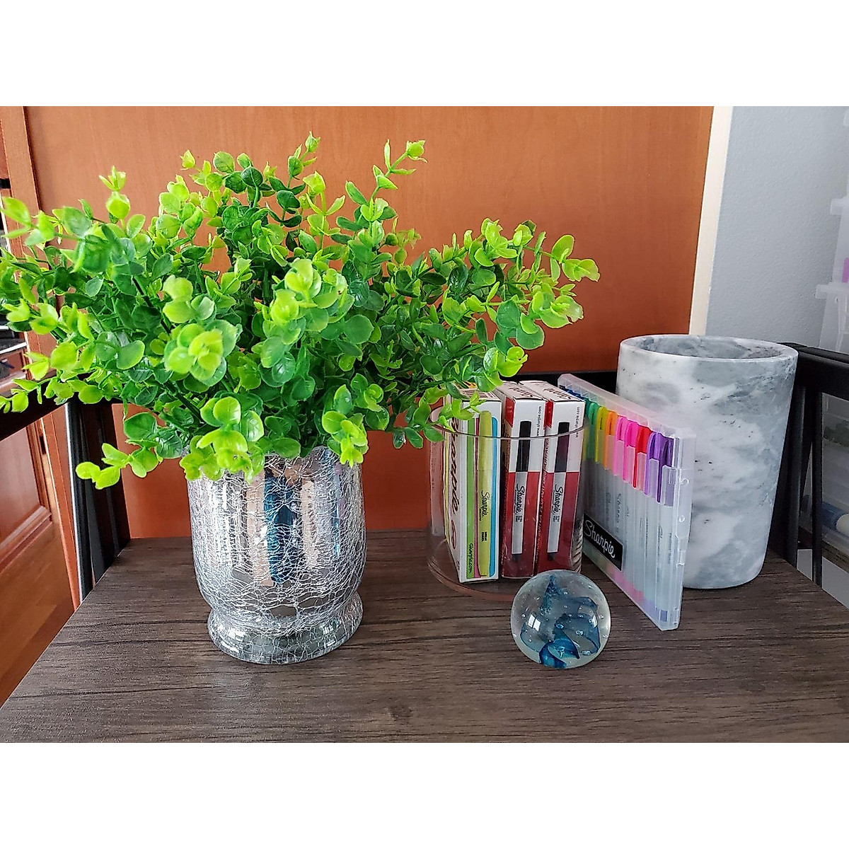 Ouddy Decor 8 Bundles Artificial Greenery Stems Fake Plants Outdoor UV Resistant Faux Plastic Boxwood for Kitchen Office Garden Porch Farmhouse Window Box Home Decor