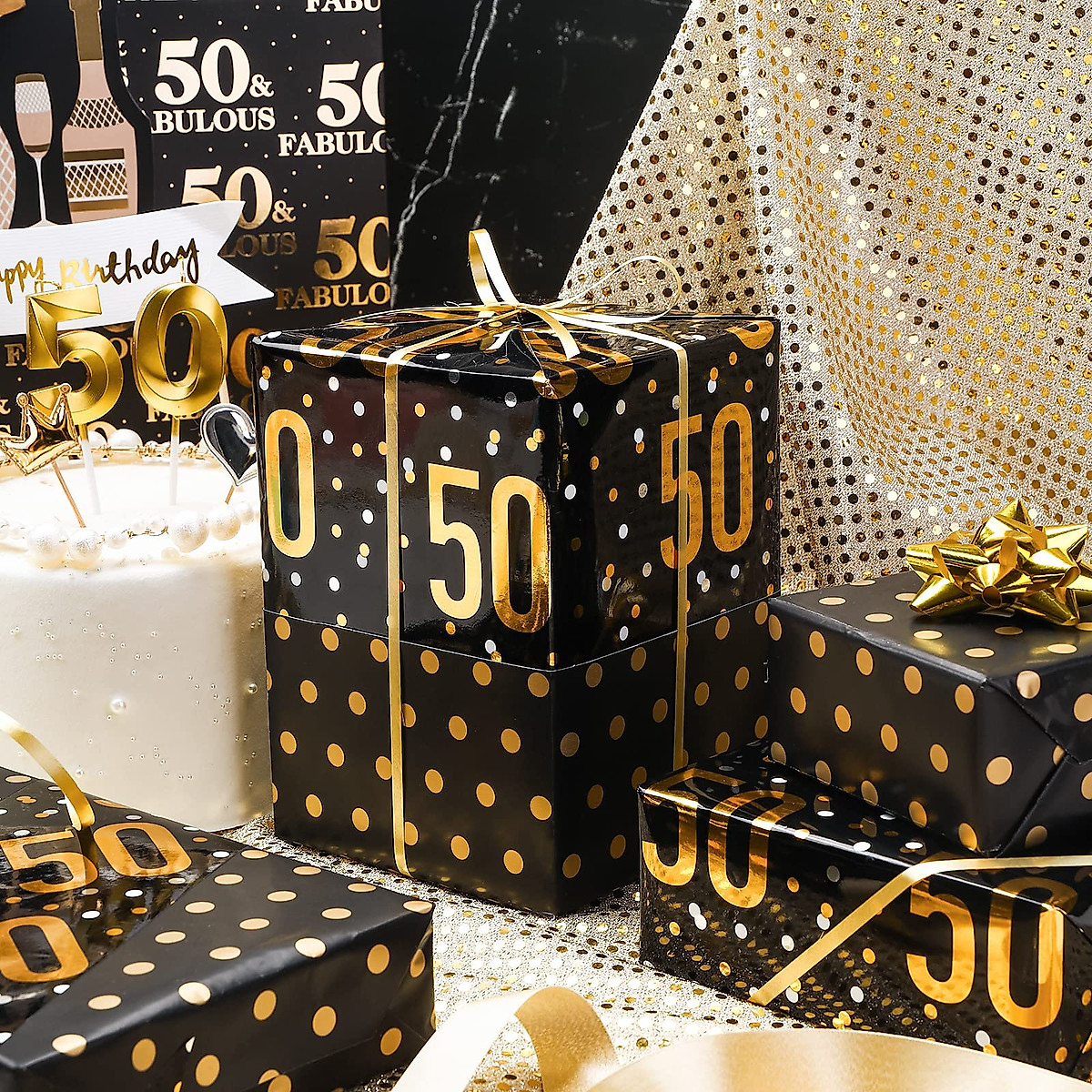 LeZakaa Reversible Wrapping Paper Roll - 50" Lettering Design with Metallic Foil in Black for Birthday, Wedding Anniversary - 17 inches x 32.8 Feet (46.45 sq.ft.)