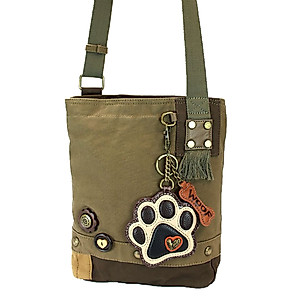 CHALA Patch Cross-Body Women Handbag, Olive Canvas Messenger Bag - Paw Print