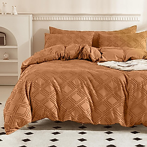 JELLYMONI Duvet Cover Queen, Rust Microfiber Tufted Duvet Cover Set, Boho Textured Duvet Cover Jacquard Rhombus Geometric Pattern Duvet Cover with Corner Ties & Zipper Closure