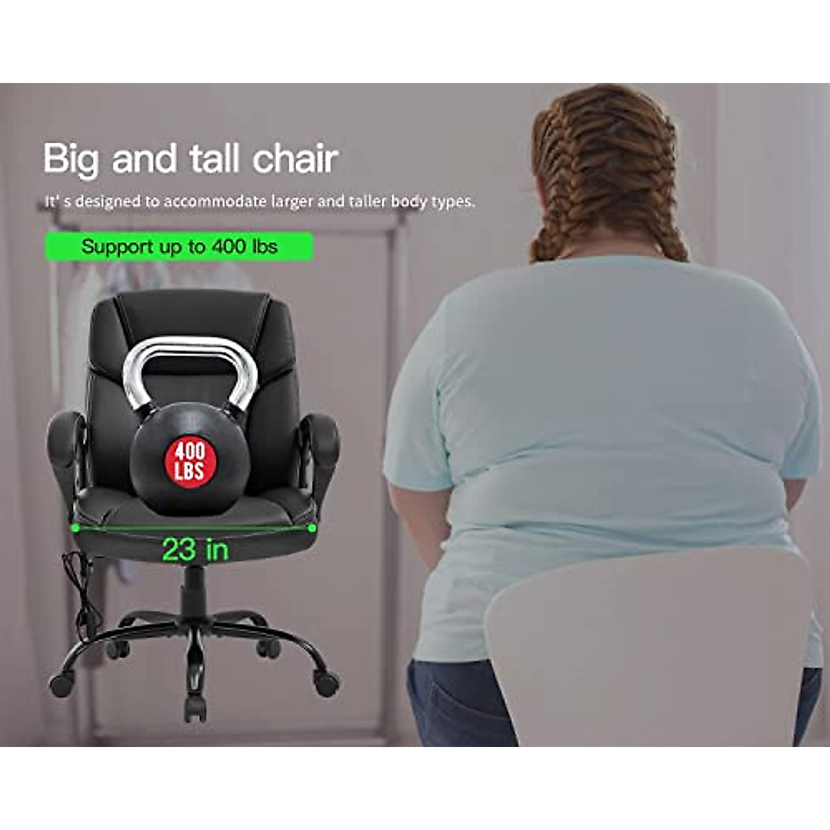 Big and Tall Office Chair Ergonomic Chair 400lbs Wide Seat Desk Chair PU Leather Computer Chair with Lumbar Support Arms Mid Back Executive Task Chair, Black