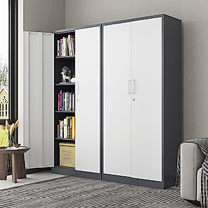 PEUKC Metal Garage Storage Cabinet, 71-inch Tall Cabinet with Adjustable Shelves & Locking Doors, Tool Cabinets for Garage,Office,Home,School,Gym (Grey White)