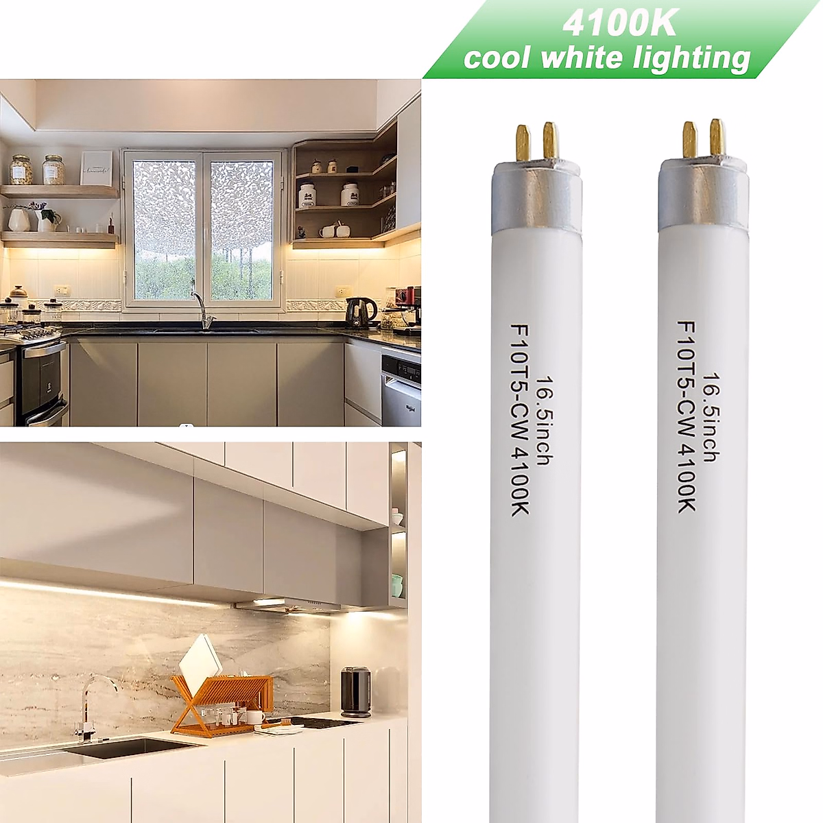 16inch F10T5 CW 10watt Fluorescent Bulb, 4100K Cool White Light, Replacement T5 10W 4200K Bright White Lighting Tube, 16.5" Overall Length (2pack)