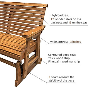 Fortune Candy Wooden Patio Glider with High Roll Back and Deep Contoured Seat, Solid Fir Wood, 2-Seater, Heavy Duty 800 LBS, 4 Feet, Brown