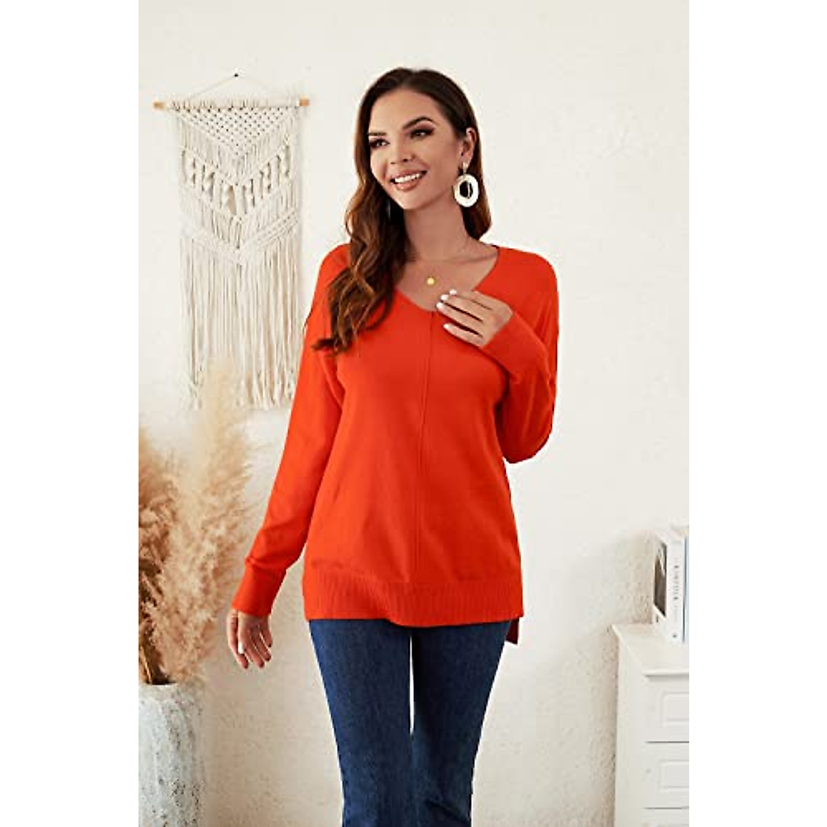 MicroStar Women's Spring Casual Lightweight V Neck Batwing Long Sleeve Knit Top Loose Pullover Sweater Orange