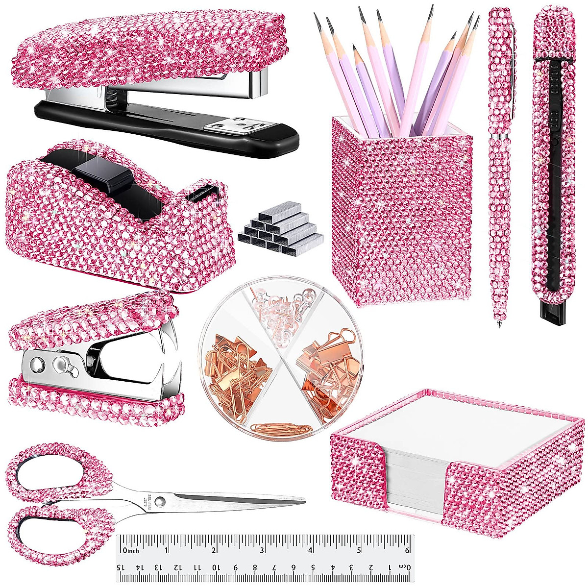 10 Pcs Bling Office Accessories for Desk Bling Crystal Office Supplies Set Desk Accessory Kit Glitter Stapler Staple Remover Tape Dispenser Diamond Pen Scissors for Women Office Home Desk (Pink)