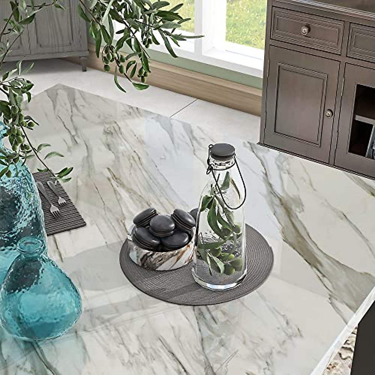 Dinehome 5-Piece Kitchen Square Faux Marble Top Counter Height Dining Table Set with 4 Upholstered Chairs, Gray