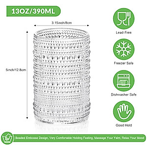 BUTEEST Set of 6 Hobnail Drinking Glasses, 13oz Vintage Glassware for Water, Juice, Cocktail, Milk, Beer & Beverages, Non-slip Design on Body &Bottom, Exquisite Clear Bubble Glasses | BPA Free |, Gift