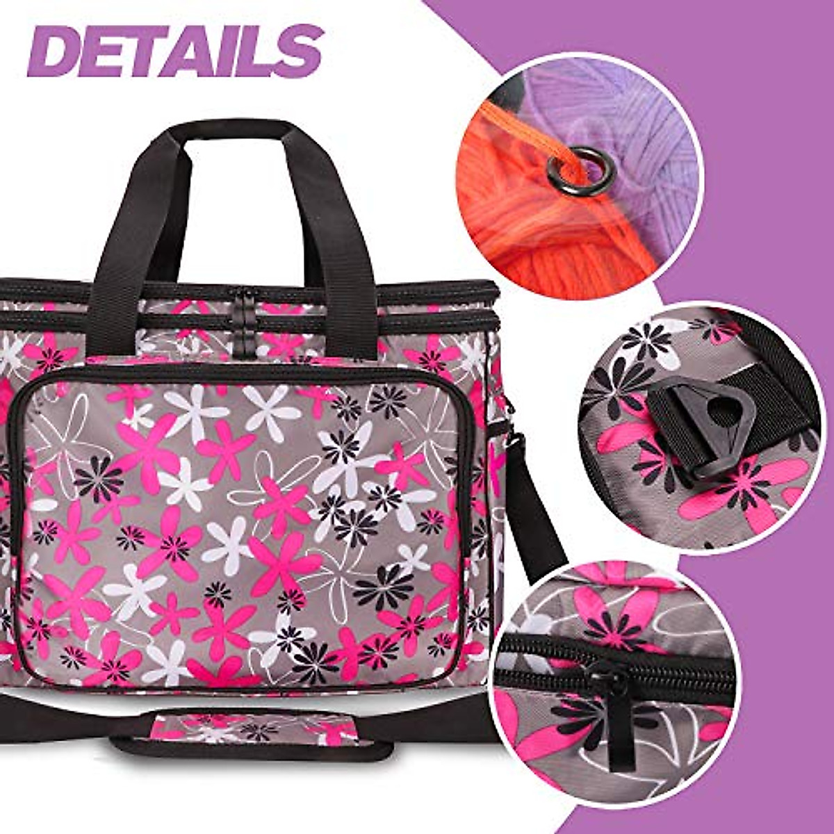 Knitting Bag, Yarn Tote Storage Organizer with Separate Crochet Hooks & Knitting Needles Bag,Slits on Top to Protect Wool and Prevent Tangling Large Flower with Cover