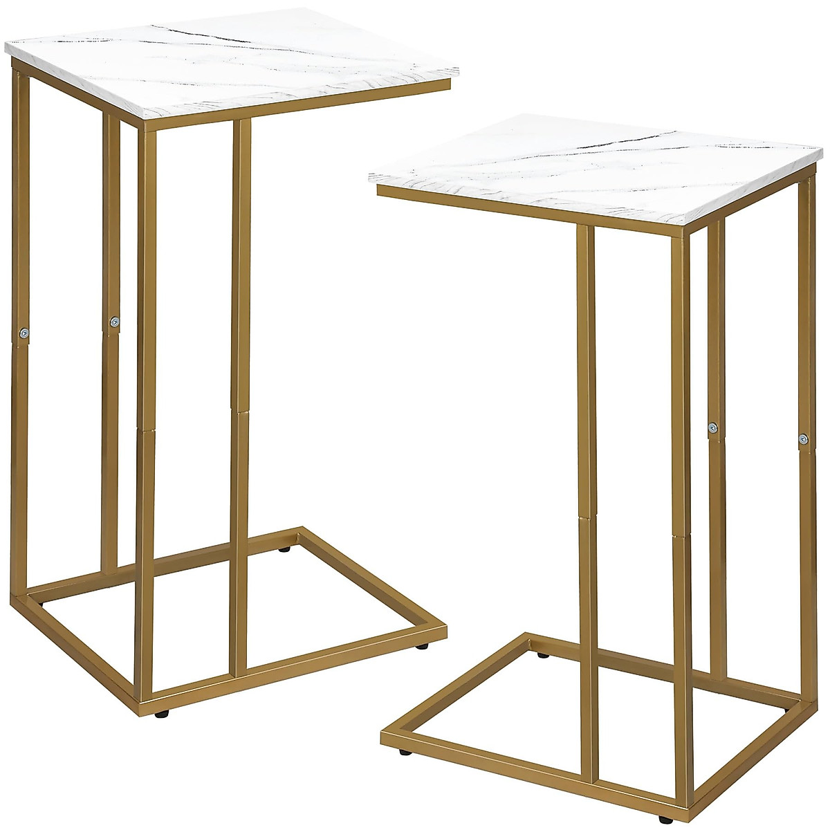 Possile C Shaped End Table Set of 2, Small Side Table for Sofa and Bed, Couch Tables That Slide Under, Snack Side Table for Living Room, Bedroom, White Faux Marble and Gold