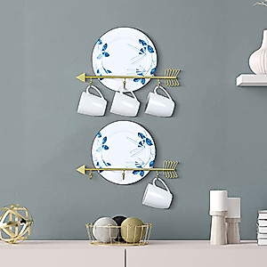 MyGift Wall Mounted Collectible Plate Saucer and Tea Cup Display Rack with 3 Hooks, Brass Tone Metal Arrow Design Decorative Wall Plate Holder, Set of 2