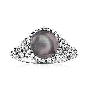Ross-Simons 8.5-9mm Black Cultured Pearl and .50 ct. t.w. CZ Ring in Sterling Silver. Size 6
