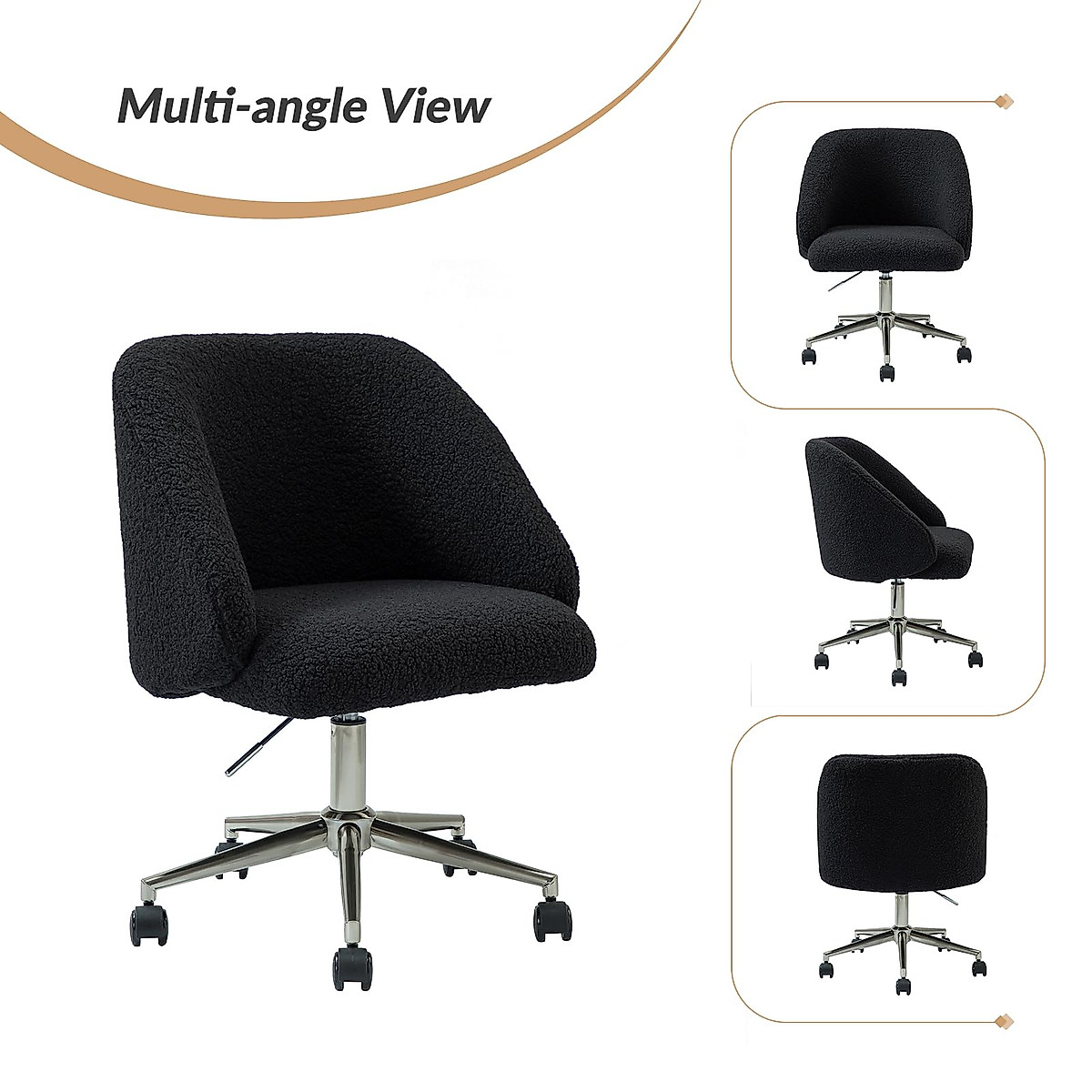 HULALA HOME Sherpa Home Office Desk Chair, Comfy Upholstered Adjustable Height Task Chair, Lamb Fleece Vanity Chair for Bedroom, Study Room, Black