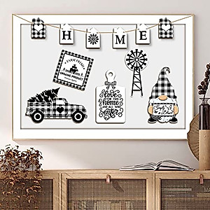 10 Pieces Farmhouse Tiered Tray Decor Farmhouse Home Decor, Rustic Tiered Tray Signs, House Shaped Table Decor, Buffalo Plaid Wooden Farm Fresh Sign for Country Farmhouse Home Kitchen Shelf Decor