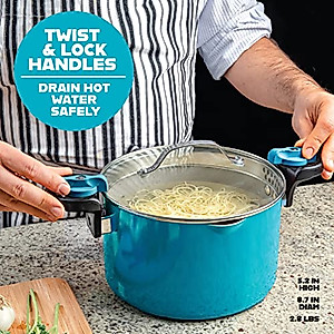 Gotham Steel 5 Quart Stock Pot Ceramic Multipurpose Pasta Pot with Strainer Lid & Twist and Lock Handles, Tempered Glass Lid, Dishwasher Safe, Aqua Blue