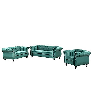 3-Piece Sofa Sets Living Room Sets with Solid Wood legs, Buttoned Tufted Backrest, Frosted Velvet Upholstered Couches Sets Including 3-Seat Sofa, Loveseat and Chair for Living Room (Green)