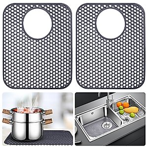 Silicone Kitchen Sink Mats 2Pcs, Large Sink Protectors for Kitchen Sink, 13.58*11.6" Dish drying mat for Bottom of Stainless Steel Sink, Rear Drain Non-Slip Heat Resistant Sink Protector Mat(Gray) (2)