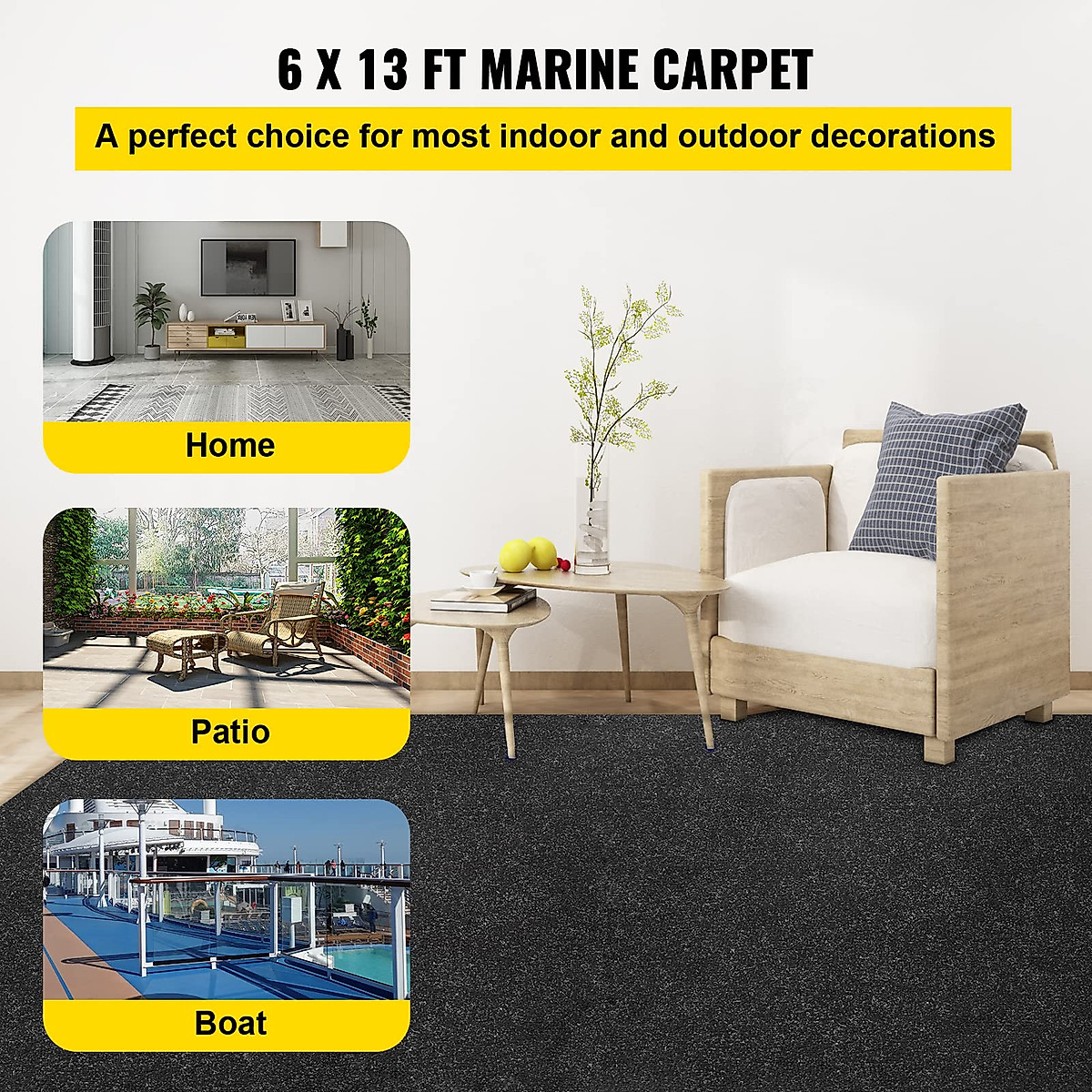 Happybuy Boat Carpet, 6 ft x 13.1 ft Marine Carpet for Boats, Waterproof Black Indoor Outdoor Carpet with Marine Backing Anti-Slide Marine Grade Boat Carpet Cuttable Easy to Clean Patio Rugs Deck Rug