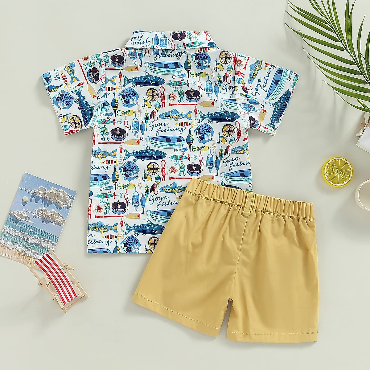 Toddler Boy Summer Clothes Set Button Down Short Sleeve Shirt Elastic Waist Shorts 2Pcs Fashion Boys Outfits (Khaki Shorts Set,12-18 Months)