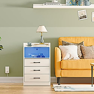 SUPERJARE Nightstand with LED Strip Light and Charging Station - 3 Drawers Bedroom End Table, 2 USB Ports, 2 Outlets, Bed Side Table with Remote, Open Storage, Metal Handles - White