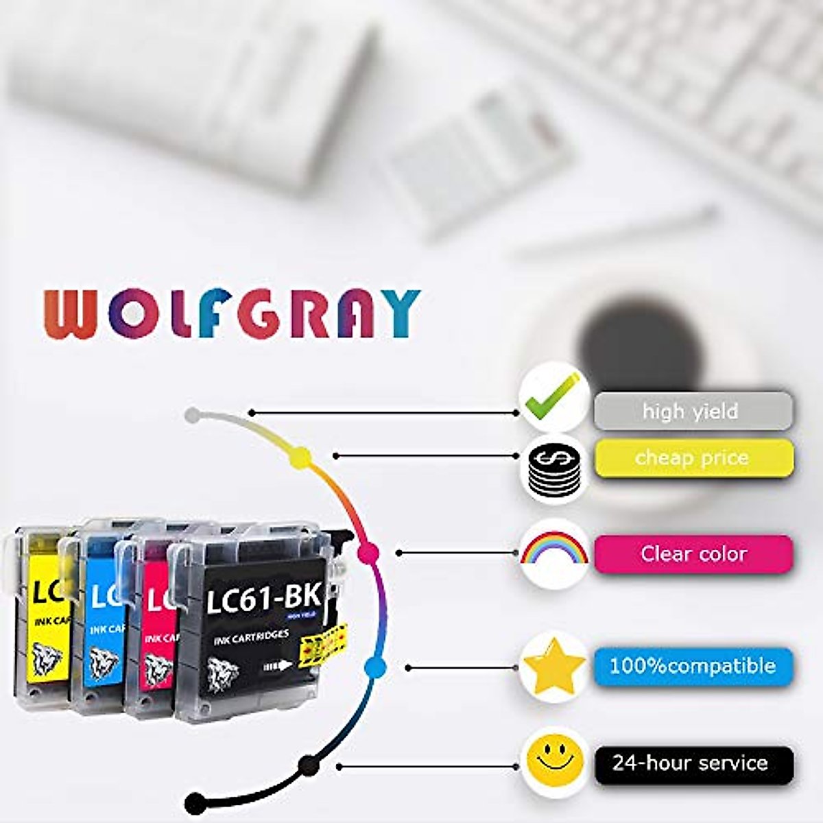 Wolfgray 12PK LC61 Compatible LC61BK LC61C LC61M LC61Y Ink Cartridge for Brother MFC-490CW MFC-495CW MFC-J615W MFC-J630W MFC-790CW MFC-290C DCP-165C DCP-385C DCP-585CW MFC-5490CN MFC-5890CN MFC-6490CW