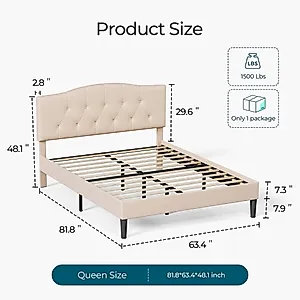 LINSY Queen Bed Frame, Linen Upholstered Platform Bed Frame with Adjustable Headboard & Solid Wood Slat Support, Heavy Duty Platform Bed Queen Size, NO Box Spring Needed, Noise-Free, Beige