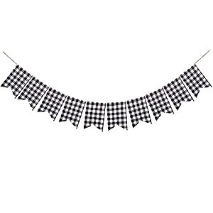 FAKTEEN Buffalo Check Plaid Banner for Christmas Mantel Fireplace Decorations – Black and White Gingham Bunting Garland Baby Shower Birthday Party Supplies