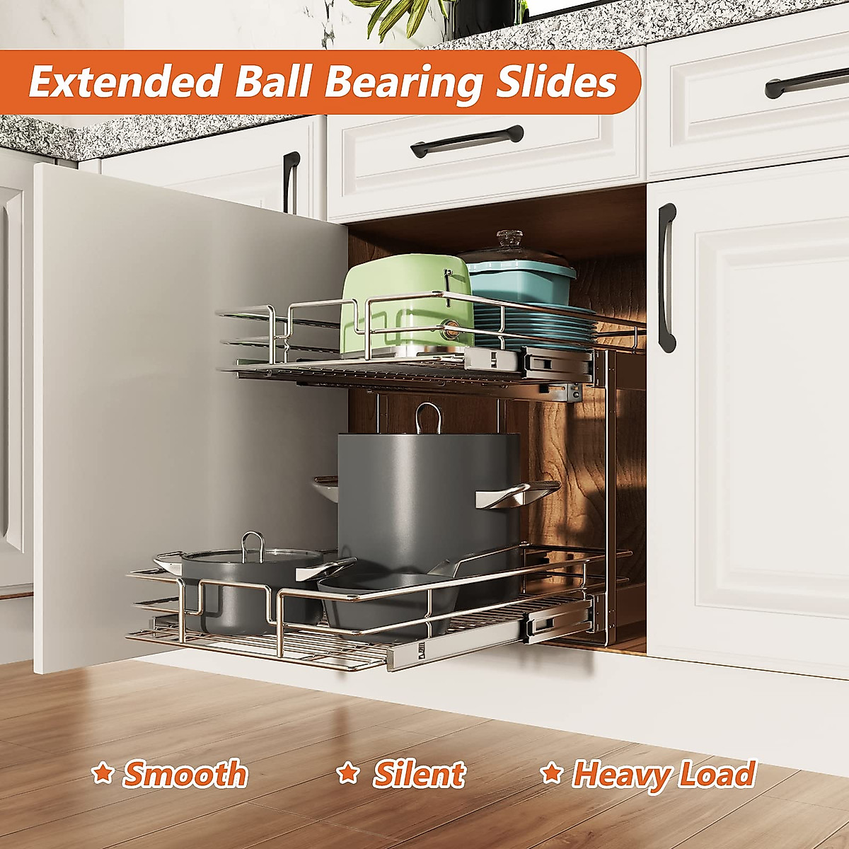 ROOMTEC Individual Pull Out Cabinet Organizer (11" W x 21" D), 2 Tier Spice Rack Organizer for Cabinet, Slide Out Drawer Pantry Shelf Organization and Storage for Kitchen Bathroom